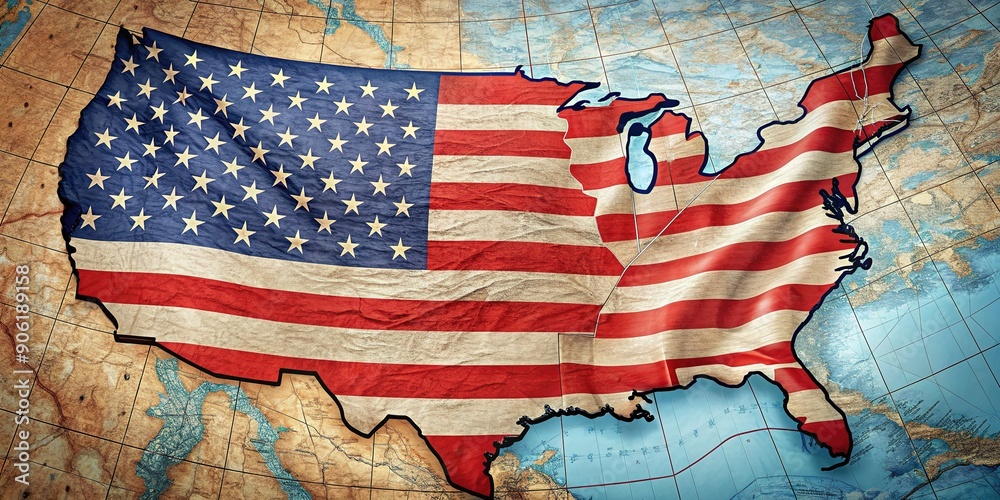 Vibrant American flag waving proudly on a detailed map of the United ...