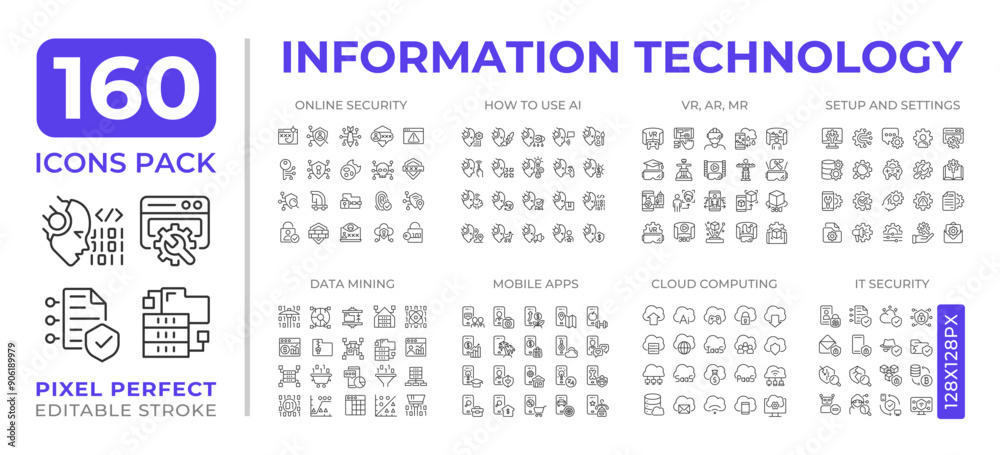 Information Technology Line Icons Set Collection Online Security Data Mining Cloud Computing