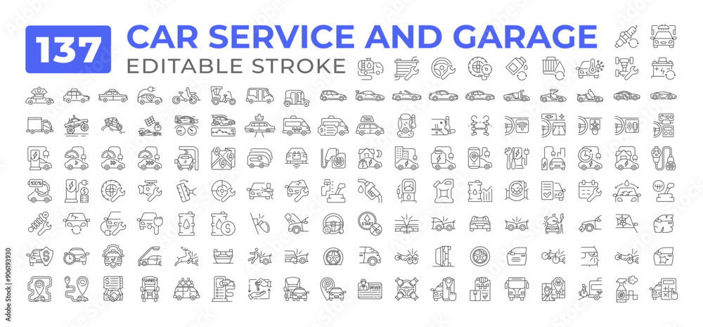 Car service and garage line icons big set. Auto accident. Automotive ...