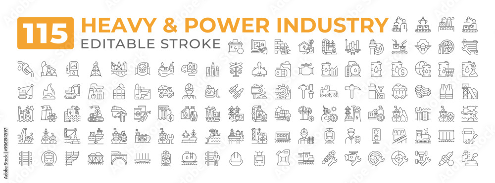 Heavy power industry line icons big set. Manufacturing plant factory ...