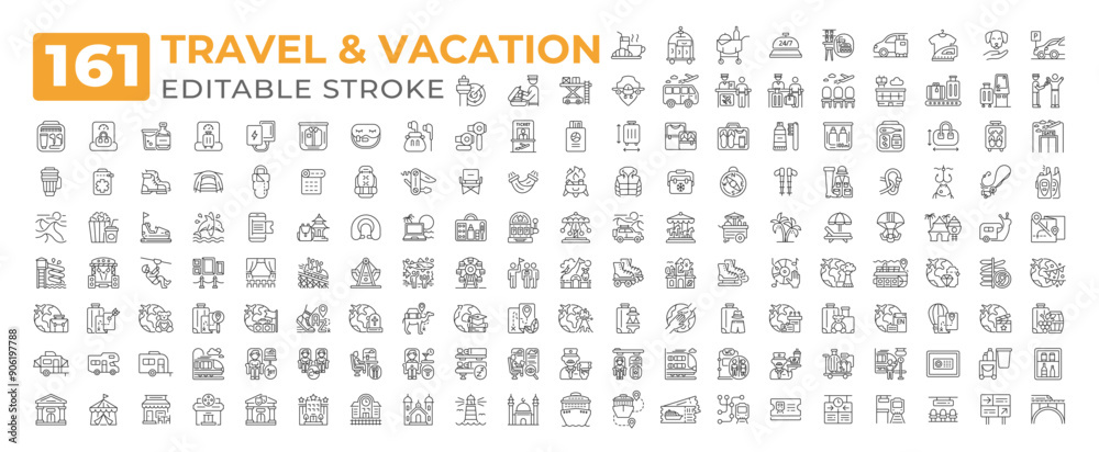 Travel and vacation line icons big set. Tourist attractions, adventure ...