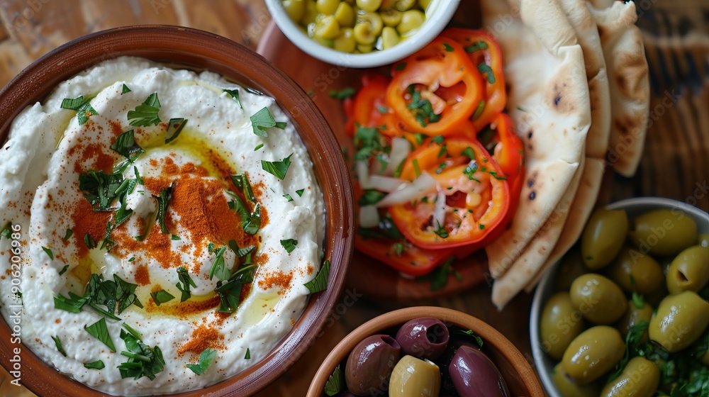 Middle eastern breakfast spread with labneh cheese, fava beans, pepper ...