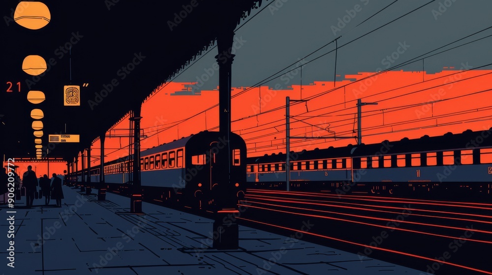 Lofi illustration of a bustling train station with people boarding and ...