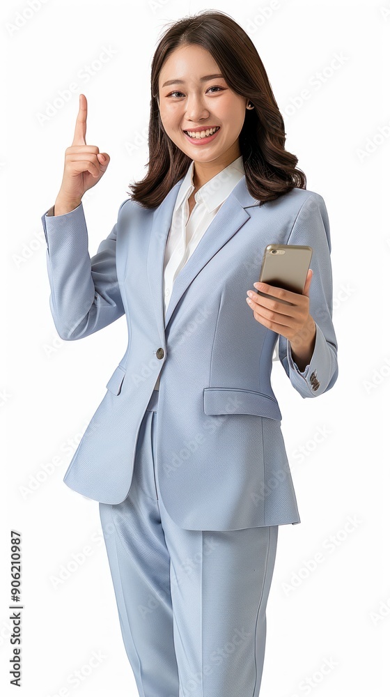 Asian woman, left index finger pointing forward, right hand holding ...