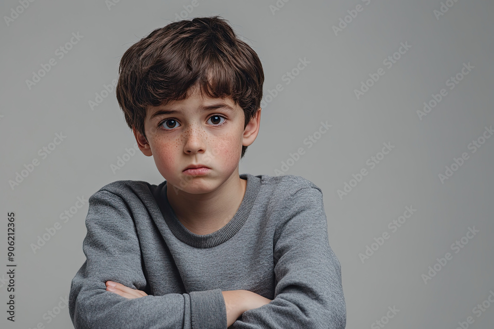 Young boy sad upset, clean background model person looking forward ...