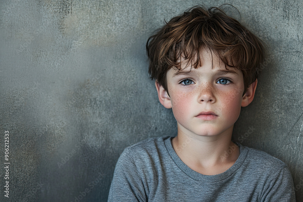 Young boy sad upset, clean background model person looking forward ...