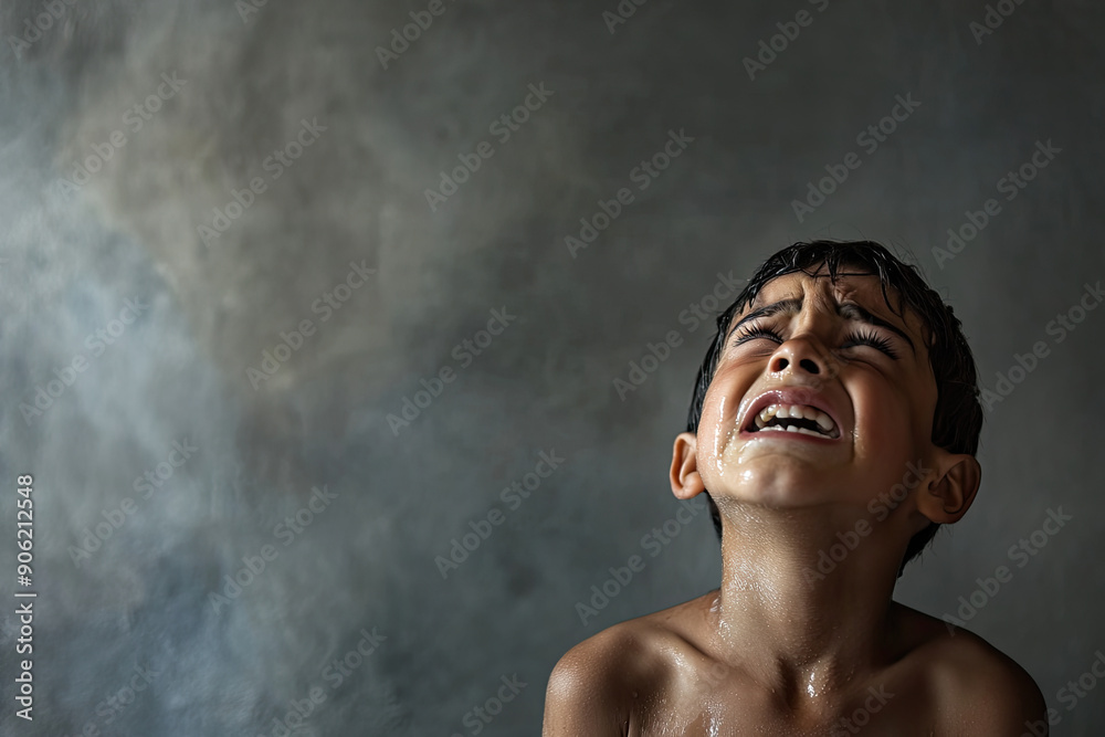 Young boy sad upset, clean background model person looking forward ...