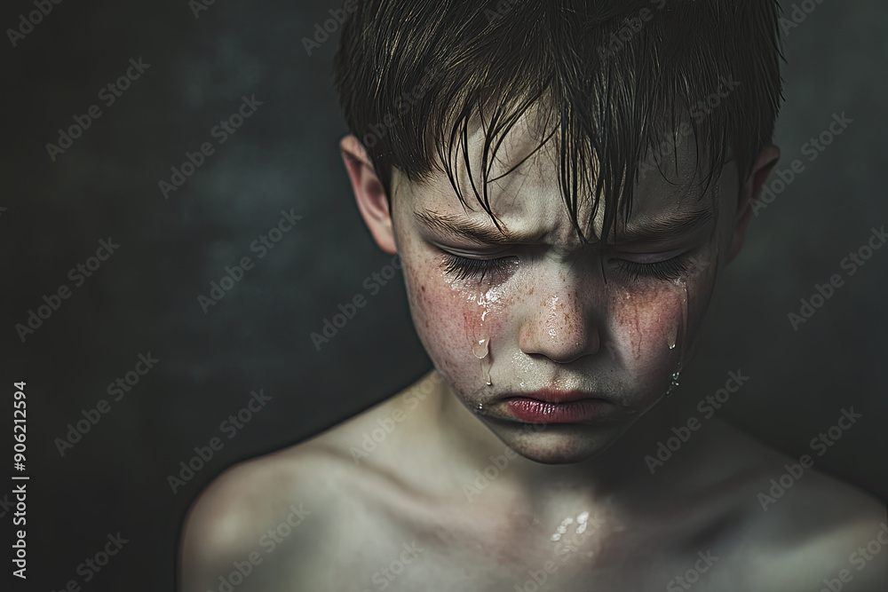 Young boy sad upset, clean background model person looking forward ...