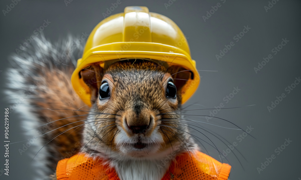 A squirrel dressed as a firefighter, wearing a red construction helmet ...