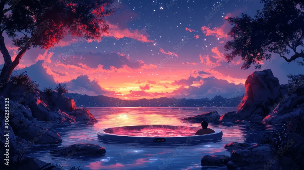 Person relaxing in a hot tub under a starry sky. Featuring a hot tub ...