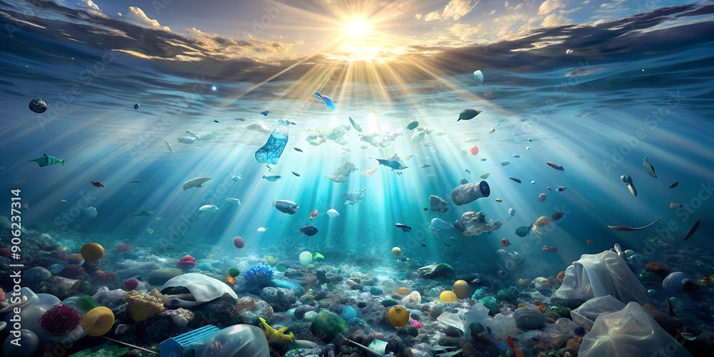 An animated scene of plastic waste floating in the ocean with rays of ...