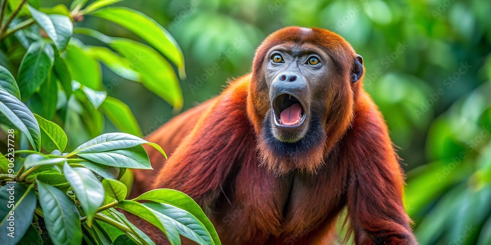 Red howler Alouatta seniculus monkey vocalizing amongst lush greenery ...