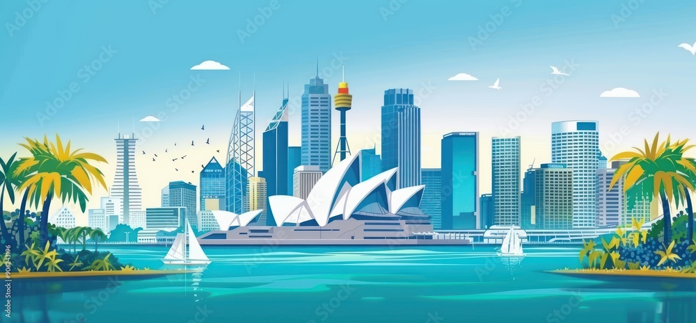 Cartoon illustration of famous world landmarks in Australia, capturing ...