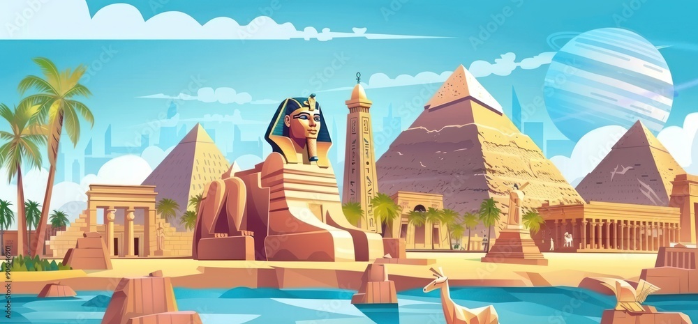 Egyptian landmarks in cartoon style with famous global icons, lively ...