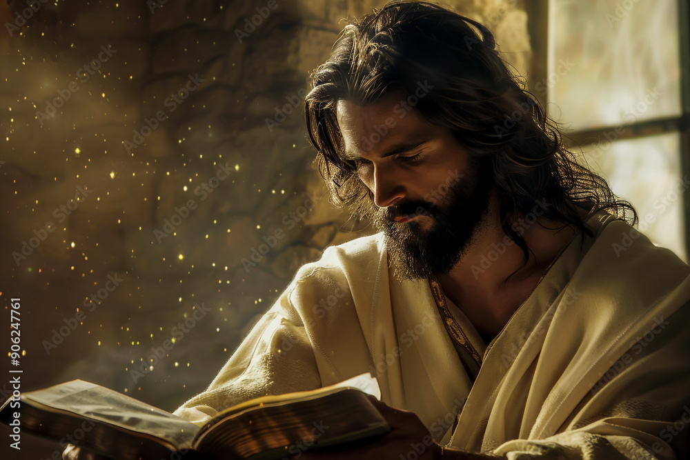 Jesus reads the Bible at his desk in a warmly lit, vintage room. Stock ...