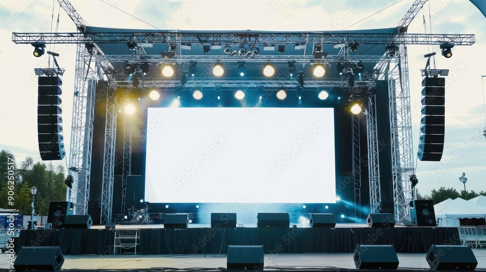 Stage modern rigging large outdoor concert with beam lights, sound ...
