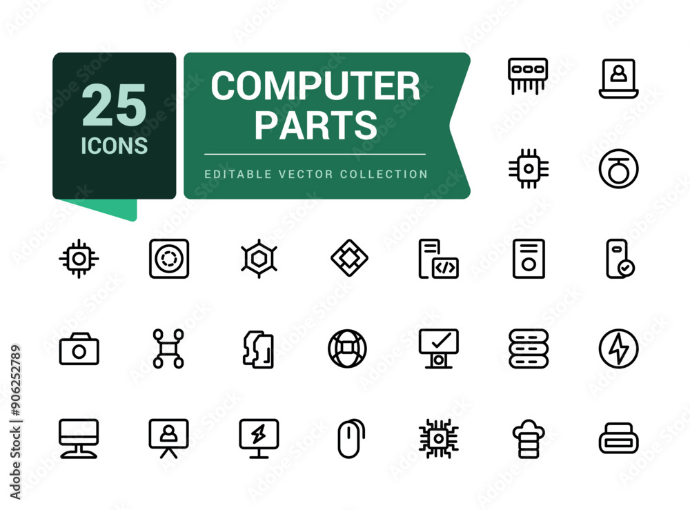 Computer Parts and PC Hardware and accessories icons set. Set of ...