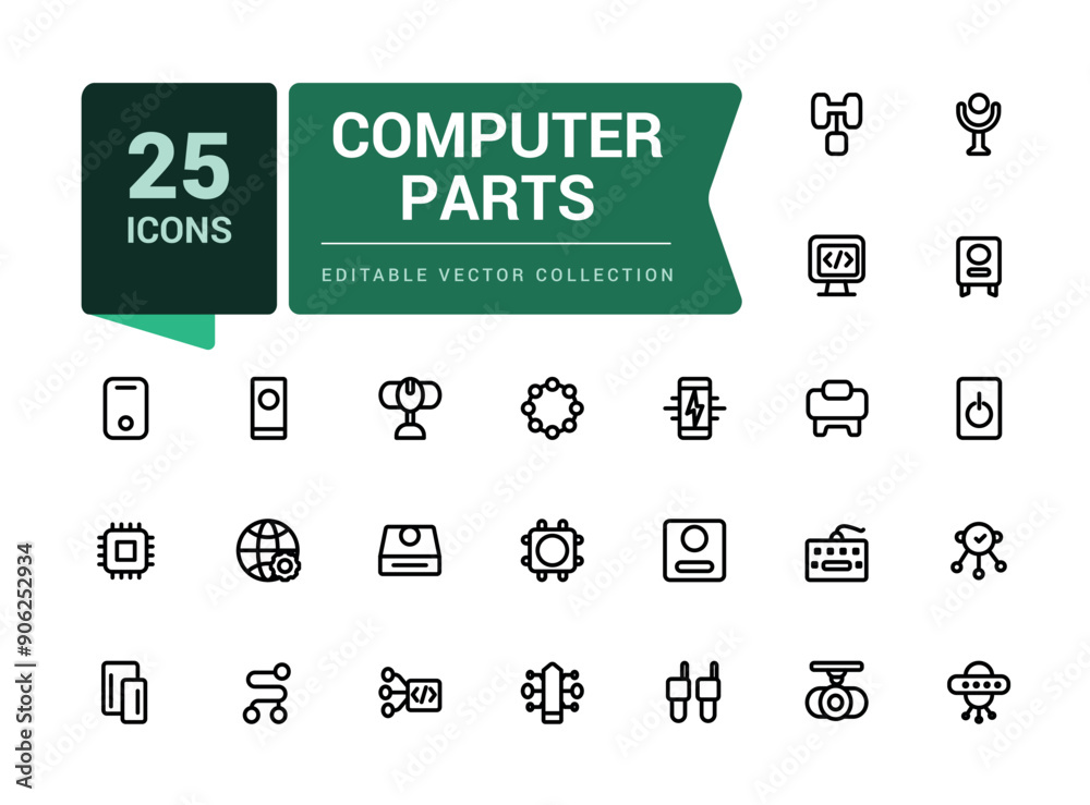 Computer Parts and PC Hardware and accessories icons set. Set of ...