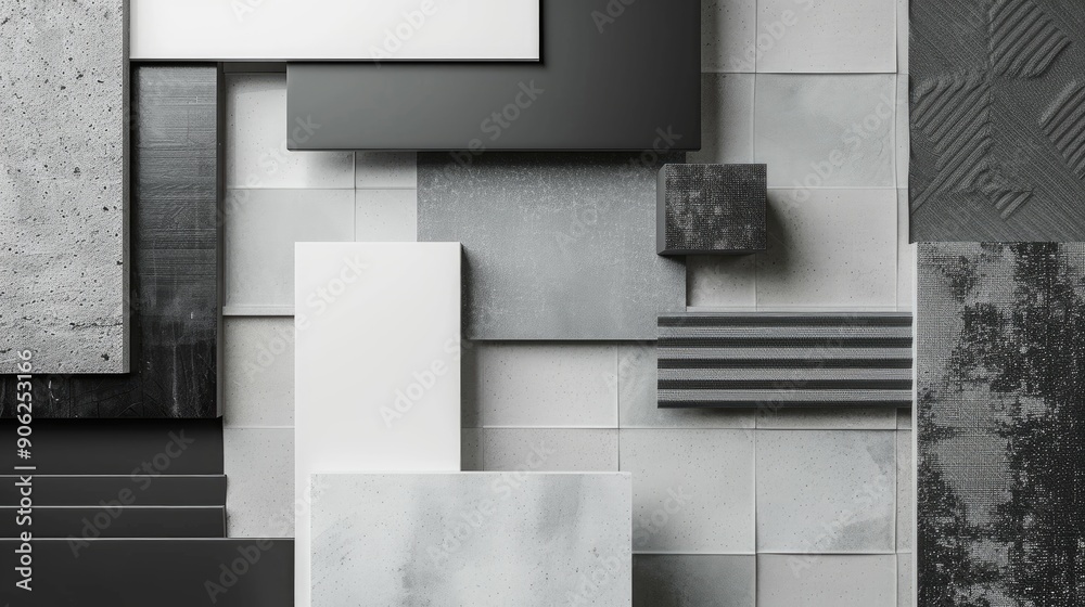 Monochrome design composition with fabric paint swatches panels and ...