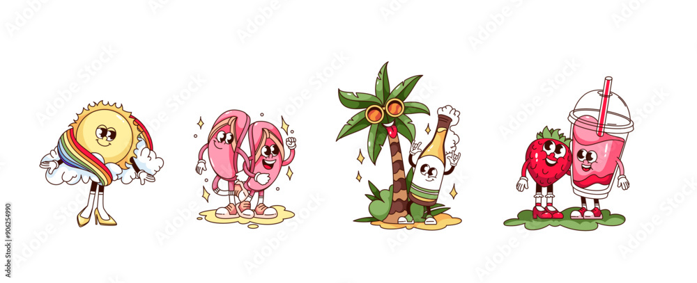 Groovy cartoon beach party characters and stickers set. Funny retro sun ...
