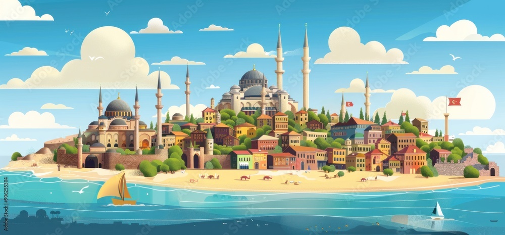 Whimsical illustration of iconic global landmarks infused with Turkish ...