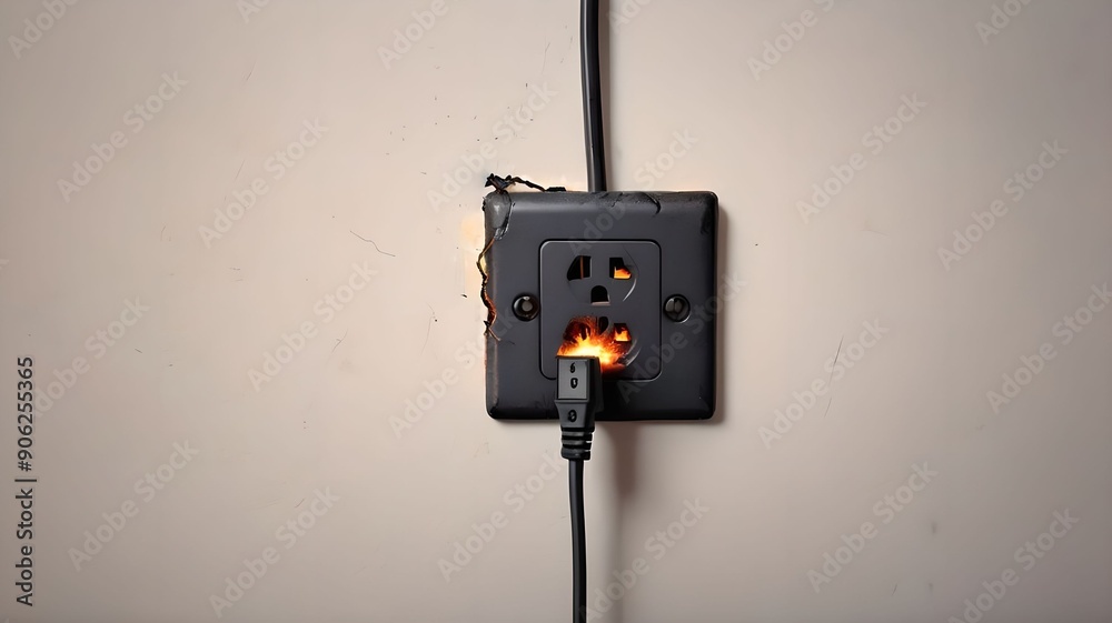 Fire burnt wall electricity plug with black cable. Electrical power ...
