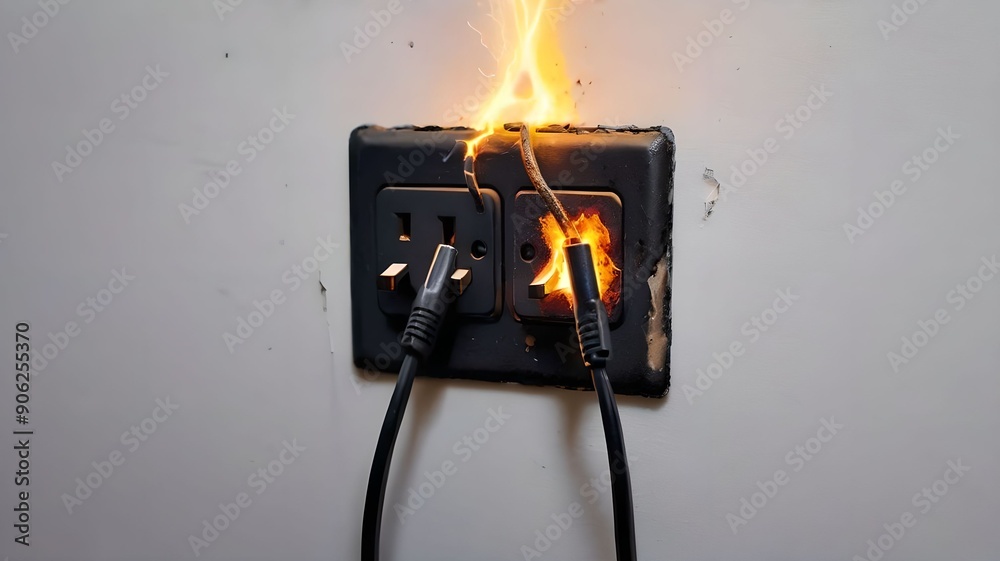 Fire burnt wall electricity plug with black cable. Electrical power ...