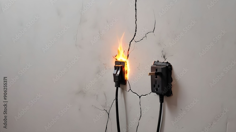 Fire burnt wall electricity plug with black cable. Electrical power ...