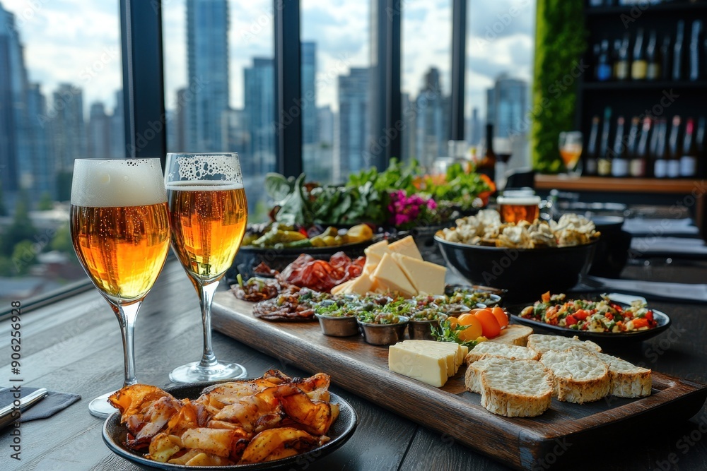 An elegant setup of a beer and food tasting event at a rooftop venue ...