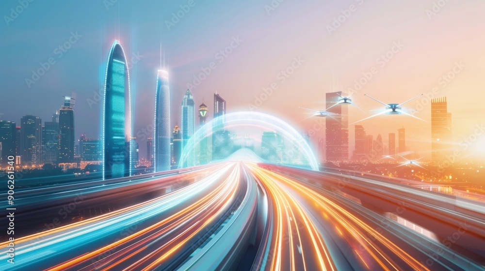 Futuristic tech hub Sleek, modern buildings with holographic ...