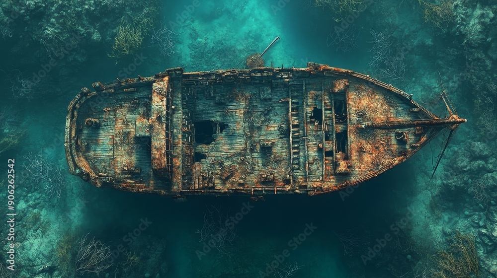 Looking down, it shows a sunken and damaged ship in a deep-sea ...
