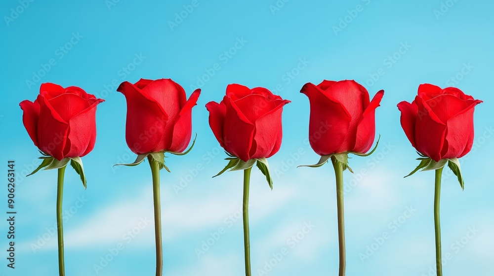 Five red roses are standing next to each other in a row. The roses are ...
