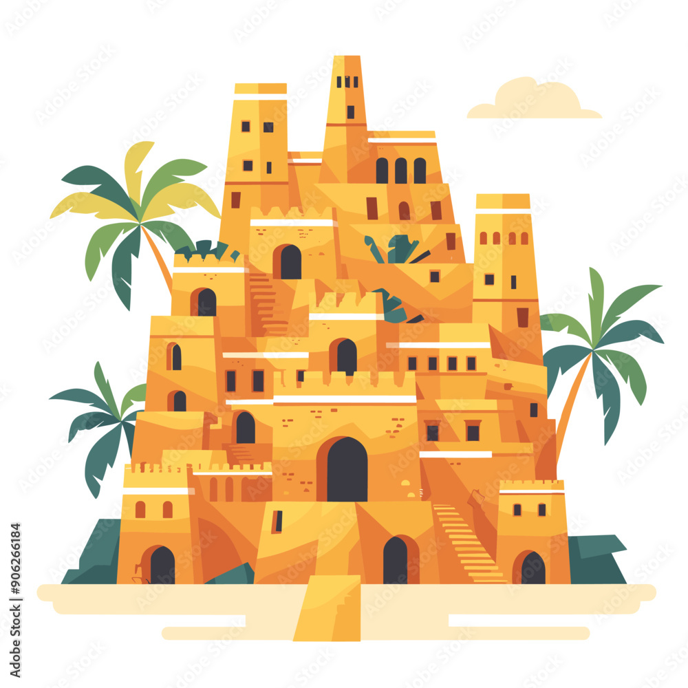 Illustration ancient ziggurat structure amidst palm trees, sandy ...
