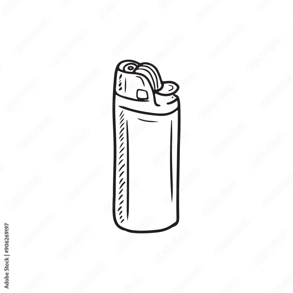 Cigarette lighter with fire in black isolated on white background. Hand ...