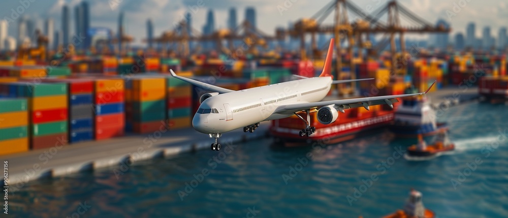 Cargo ships and planes at a busy port, concentrated on export ...