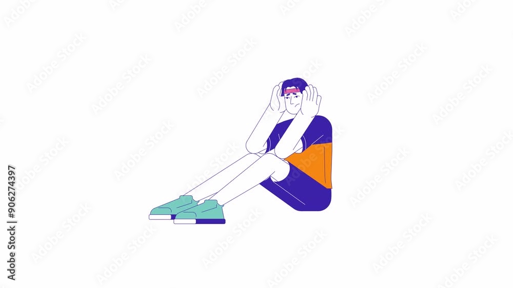 Tensed asian young man with panic attack line 2D character animation ...