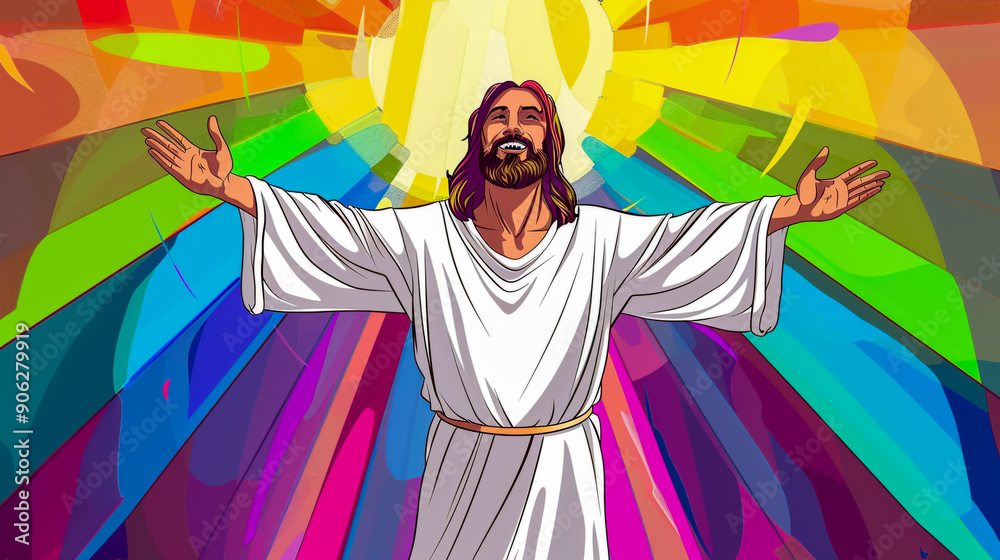 Cartoon-style Jesus in white robes, full-body with arms outstretched ...