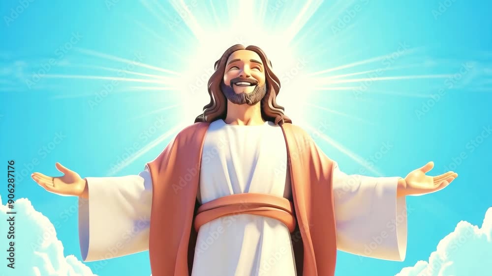 jesus christ face smiling with halo and rays of light cartoon style ...