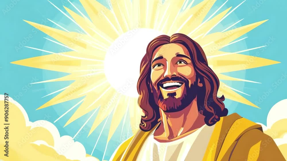 jesus christ face smiling with halo and rays of light cartoon style ...