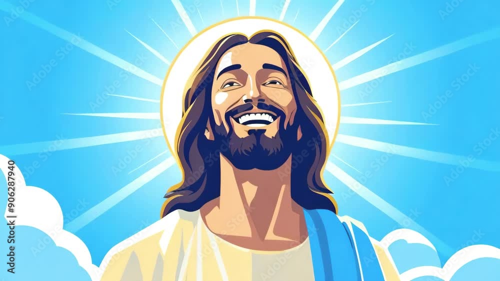 jesus christ face smiling with halo and rays of light cartoon style ...
