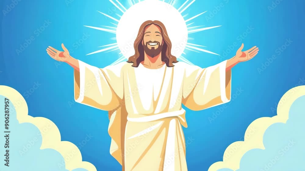 jesus christ face smiling with halo and rays of light cartoon style ...