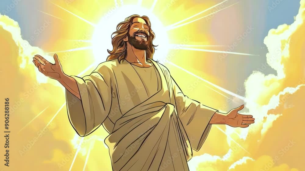 jesus christ face smiling with halo and rays of light cartoon style ...