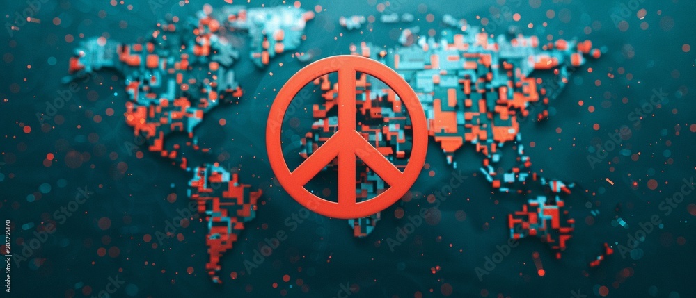 A bold peace sign overlaid on a world map, surrounded by an expansive ...