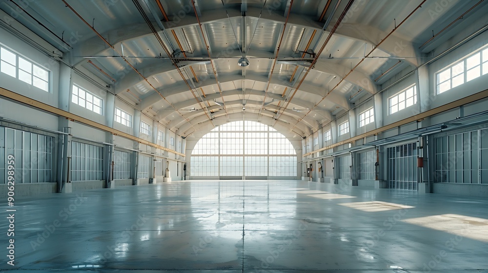 Huge empty industrial warehouse building White interior Hemispherical ...