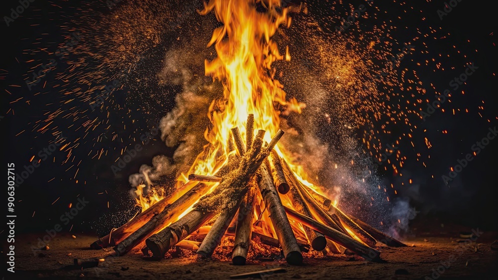 Raging bonfire flames with wood sticks and sparks on black background ...