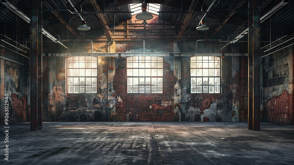 Interior view of an old rundown and abandoned factory building Big ...