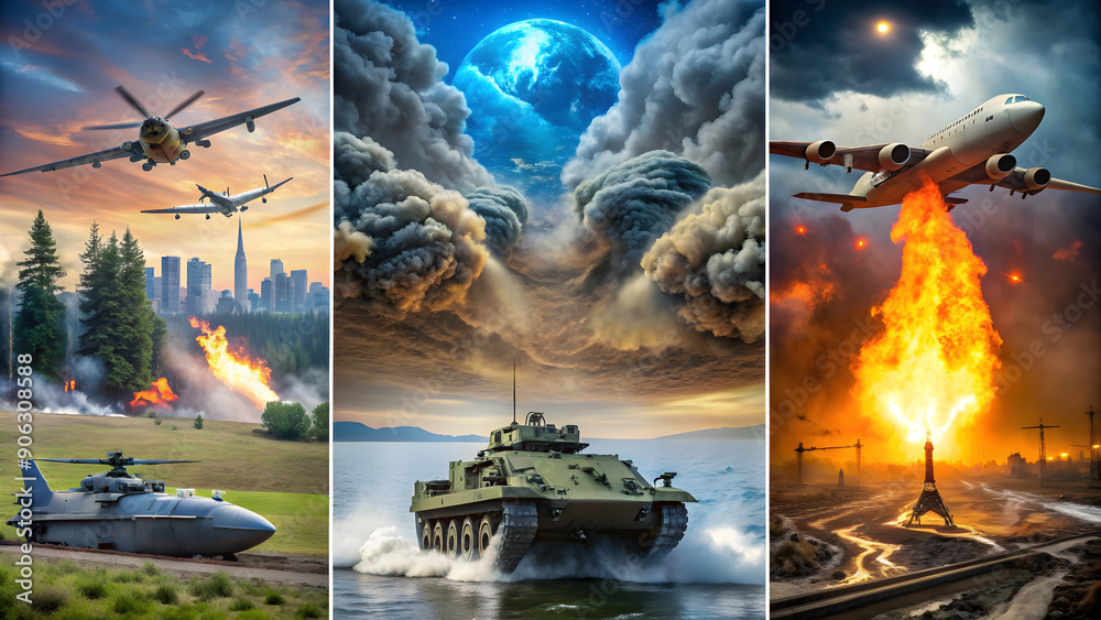 Futuristic battlefield chaos: tanks, planes, and a fiery global threat ...