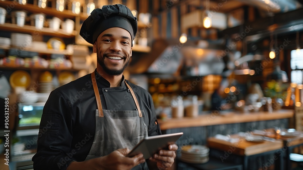 Smiling small business owner dressed in a black chef uniform with an ...