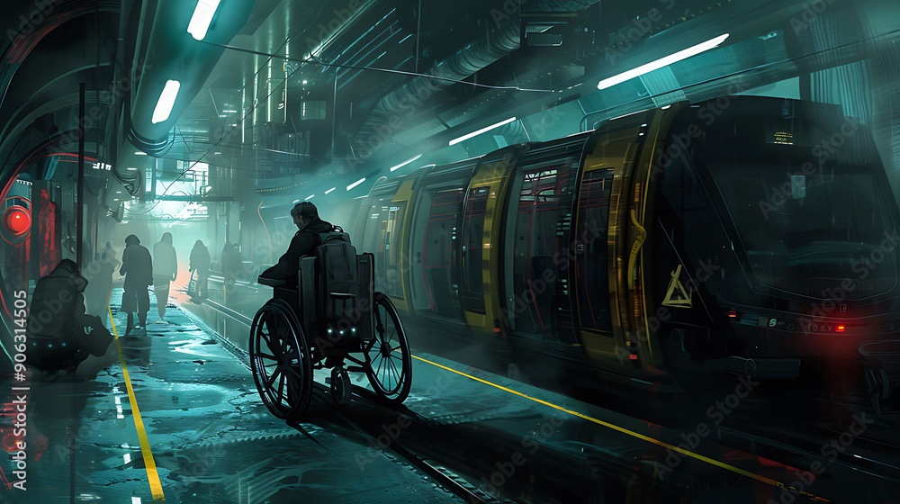 Disabled person using futuristic mobility aids to navigate an ...