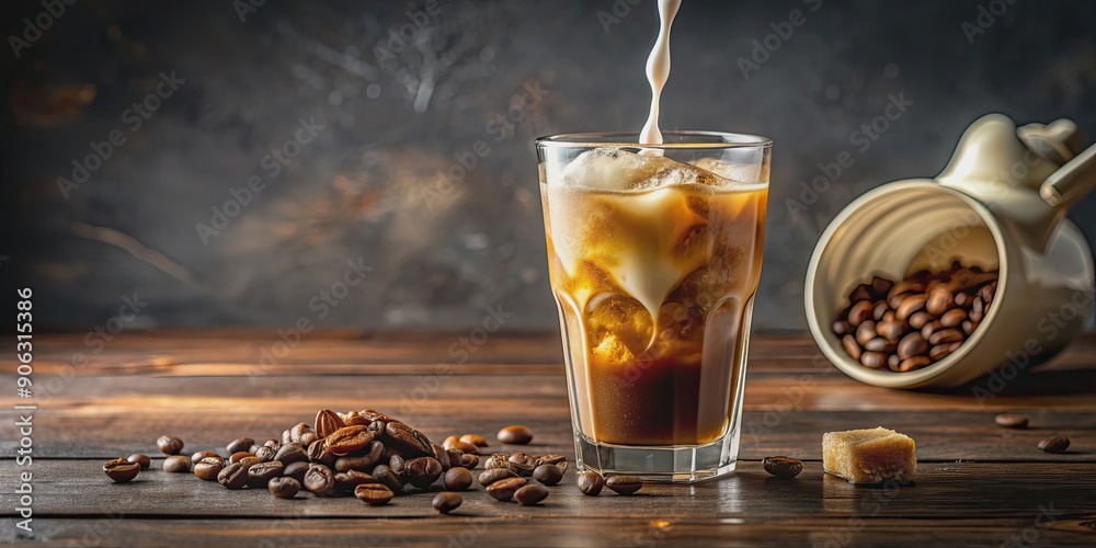 Cold Brew Ice Coffee with Milk Pouring, cold brew, ice coffee, milk, pouring, drink, beverage ...